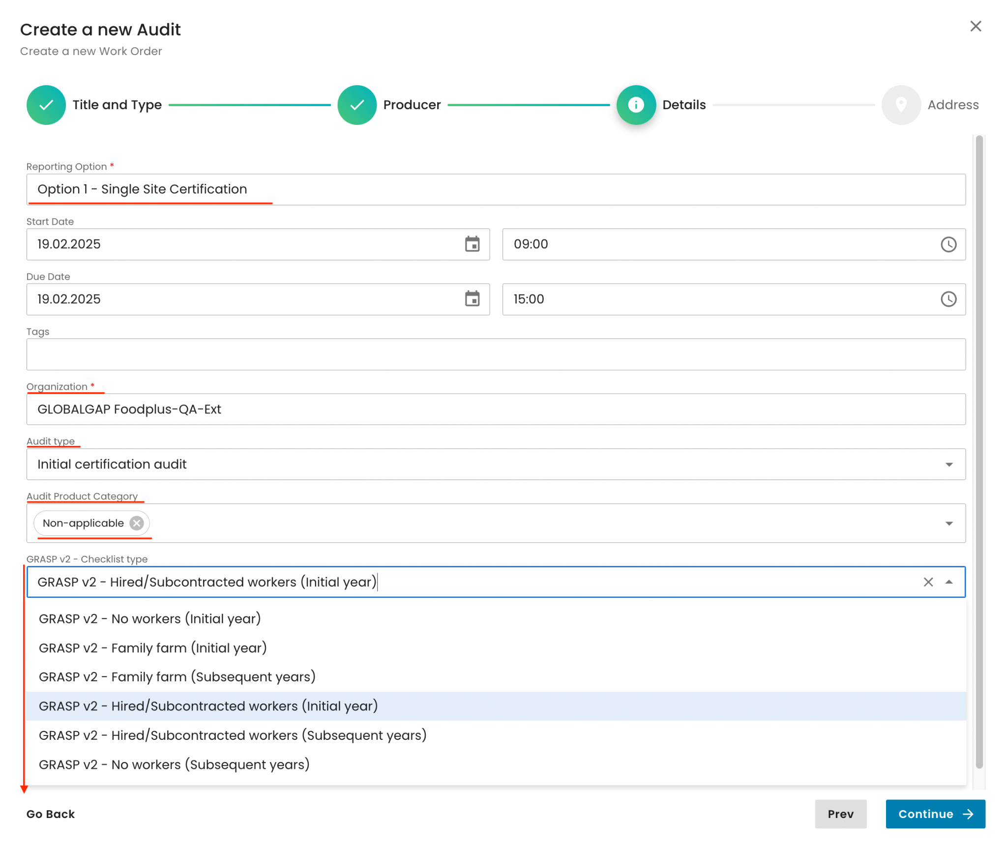 How to create a GRASP assessment work order in CertifierOS - GLOBALG.A ...